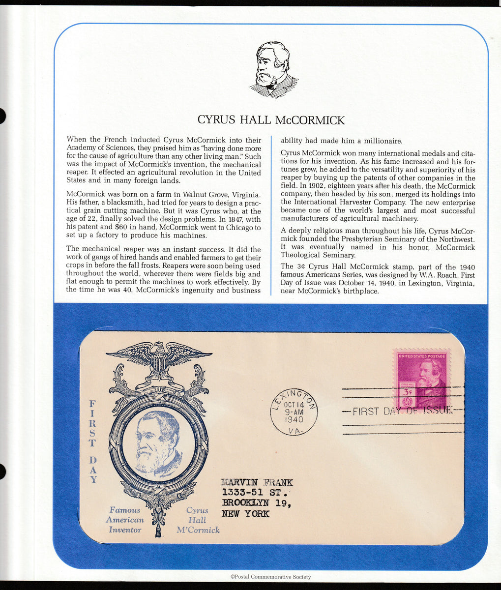 1940 USA Famous American Inventor - Cyrus Hall McCormick FDC #FE231 ...
