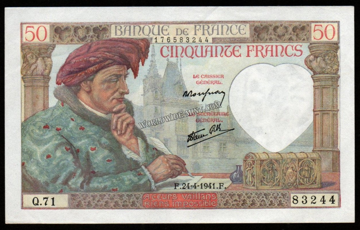 France 50 Francs 1941 Jacques Coeur (French merchant) XF+ Bank Note #U ...