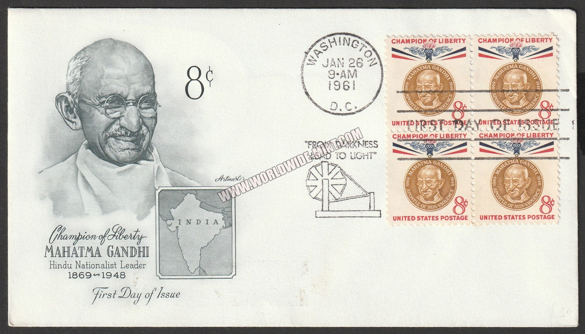 1961 USA Mahatma Gandhi Block of 4 FDC #Gan527 – Worldwidemint