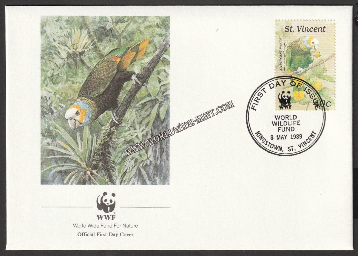 1989 St. Vincent WWF World wide Fund For Nature Parrot Set of 4 FDC #F ...